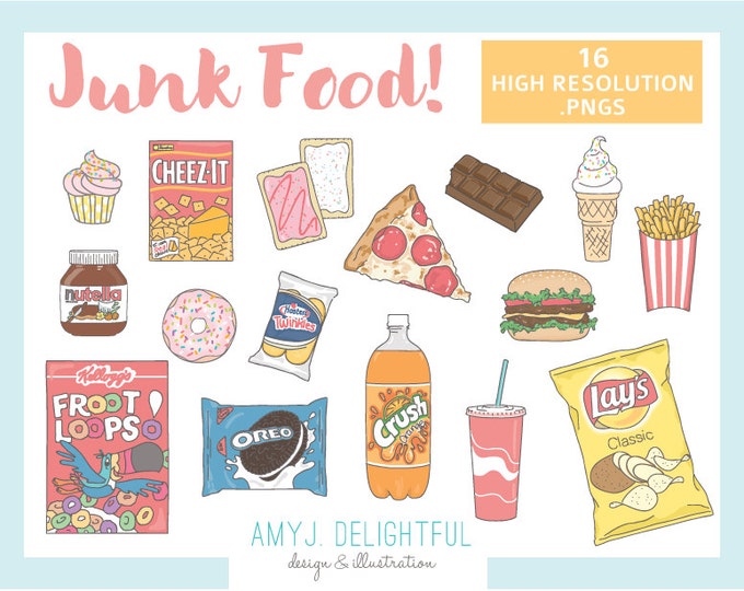 JUNK FOOD Clip Art Set for Personal and Commercial Use- Chips, Cookies ...