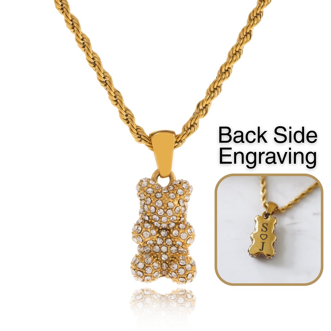 Personalized 18K Gold Plated Bear Pendant Necklace With White Zirconia ...