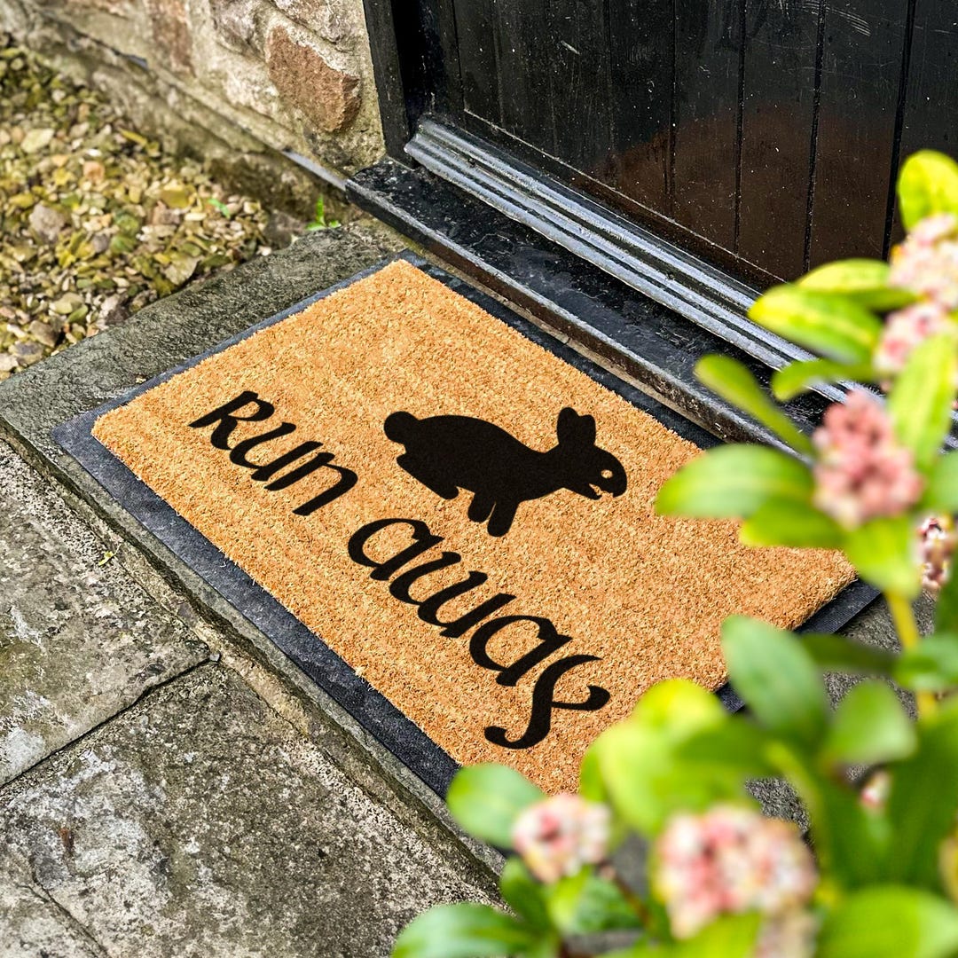 Monty Python Inspired Doormat Run Away Rabbit Quote Mat Comedy Home