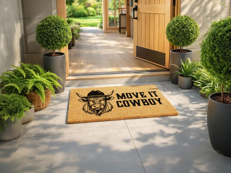 Highland Cow in Hat Door Mat | Custom Western Décor | Funny Ranch House ...
