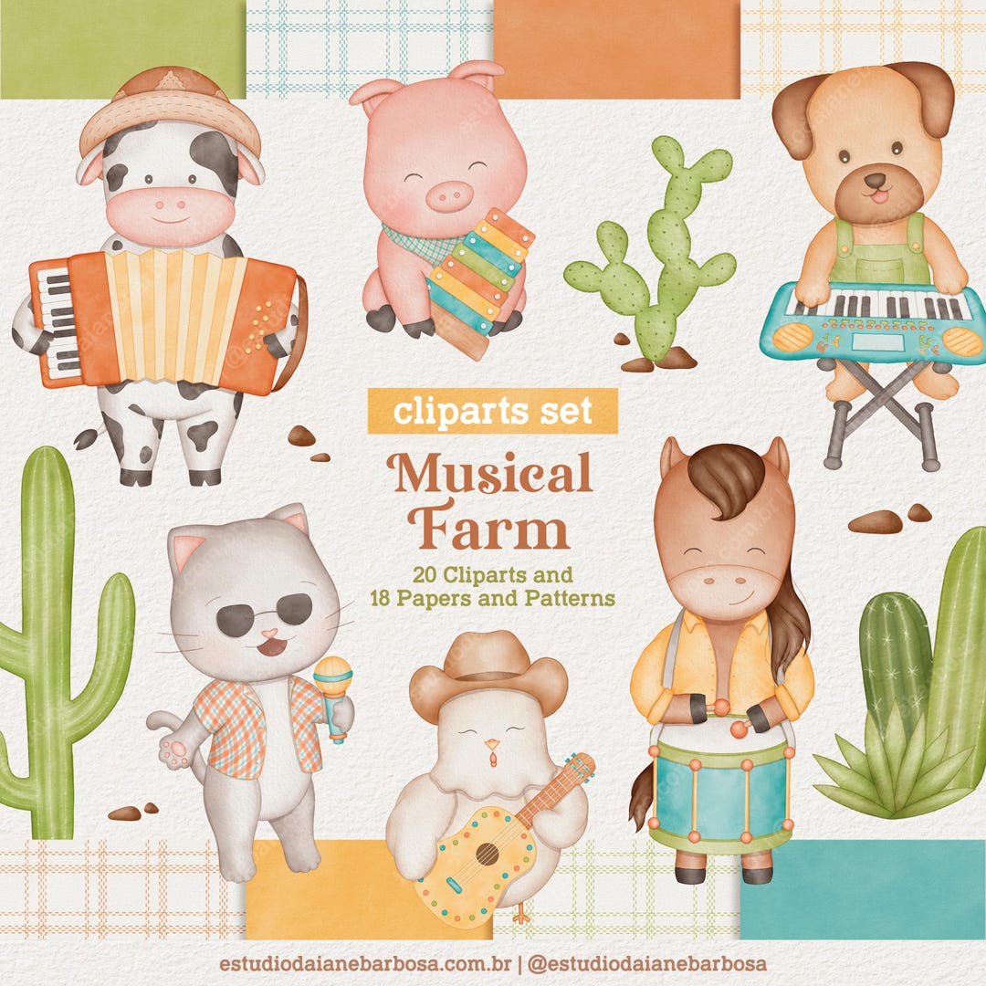 Musical Farm Cliparts Set, Little Musician Watercolor, Musical Animals ...
