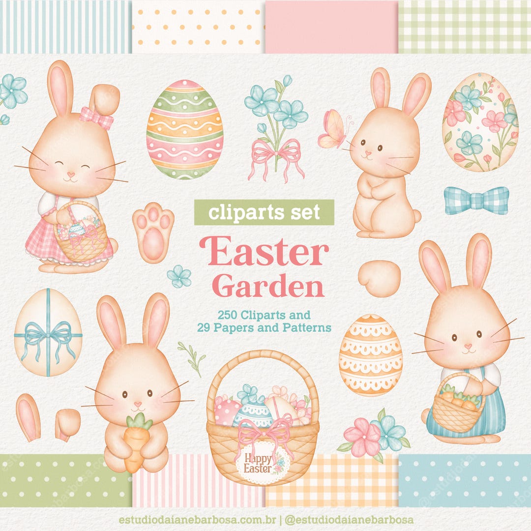 Easter Garden Digital Watercolor Cliparts Set, Easter Bunny Clipart Set ...