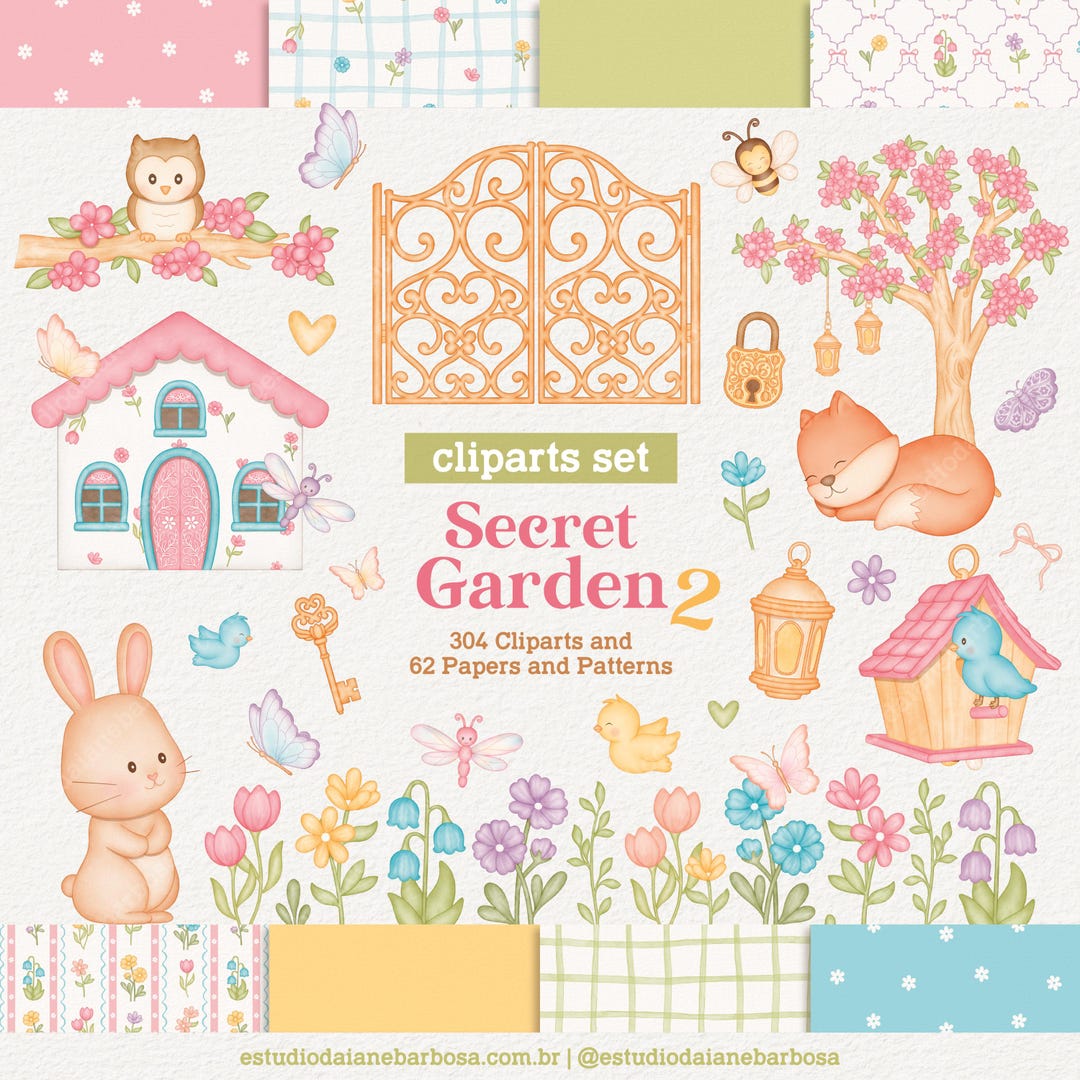 Secret Garden Watercolor Cliparts, Spring Cliparts, Butterflies ...