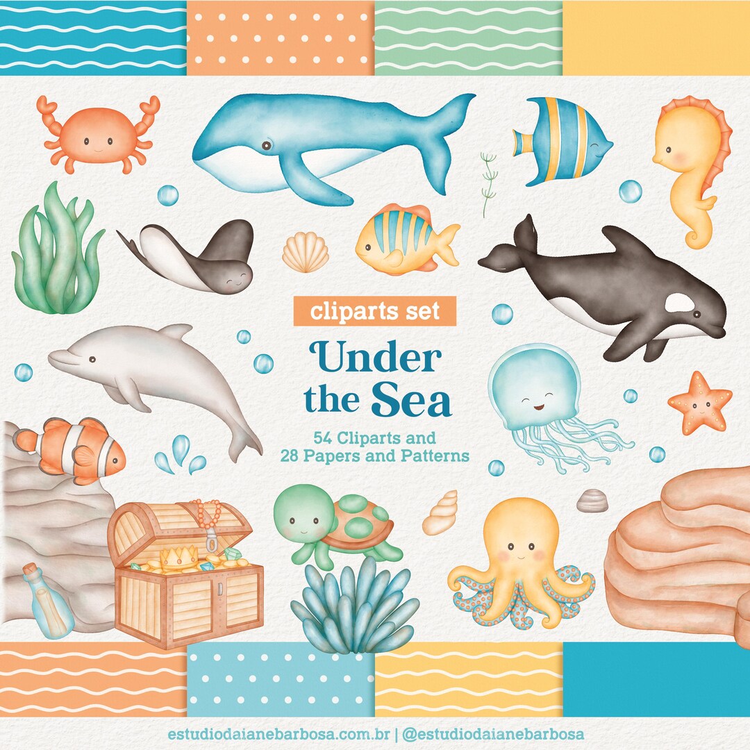 Under the Sea Watercolor Cliparts, Ocean Animals, Fishes, Whales ...