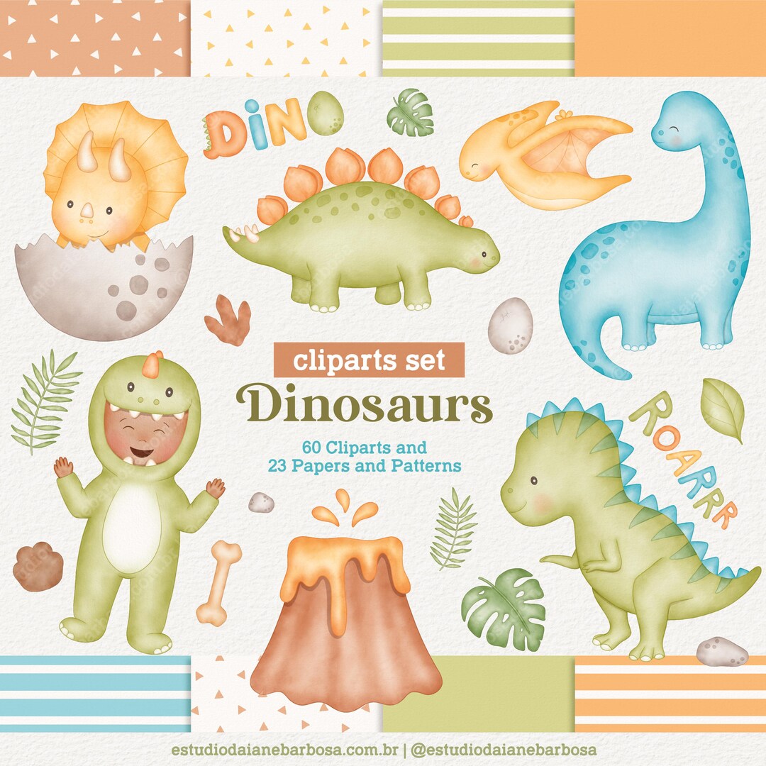 Dinosaurs Watercolor Cliparts, Baby Dino, T-rex, Nursery, Cute Party ...