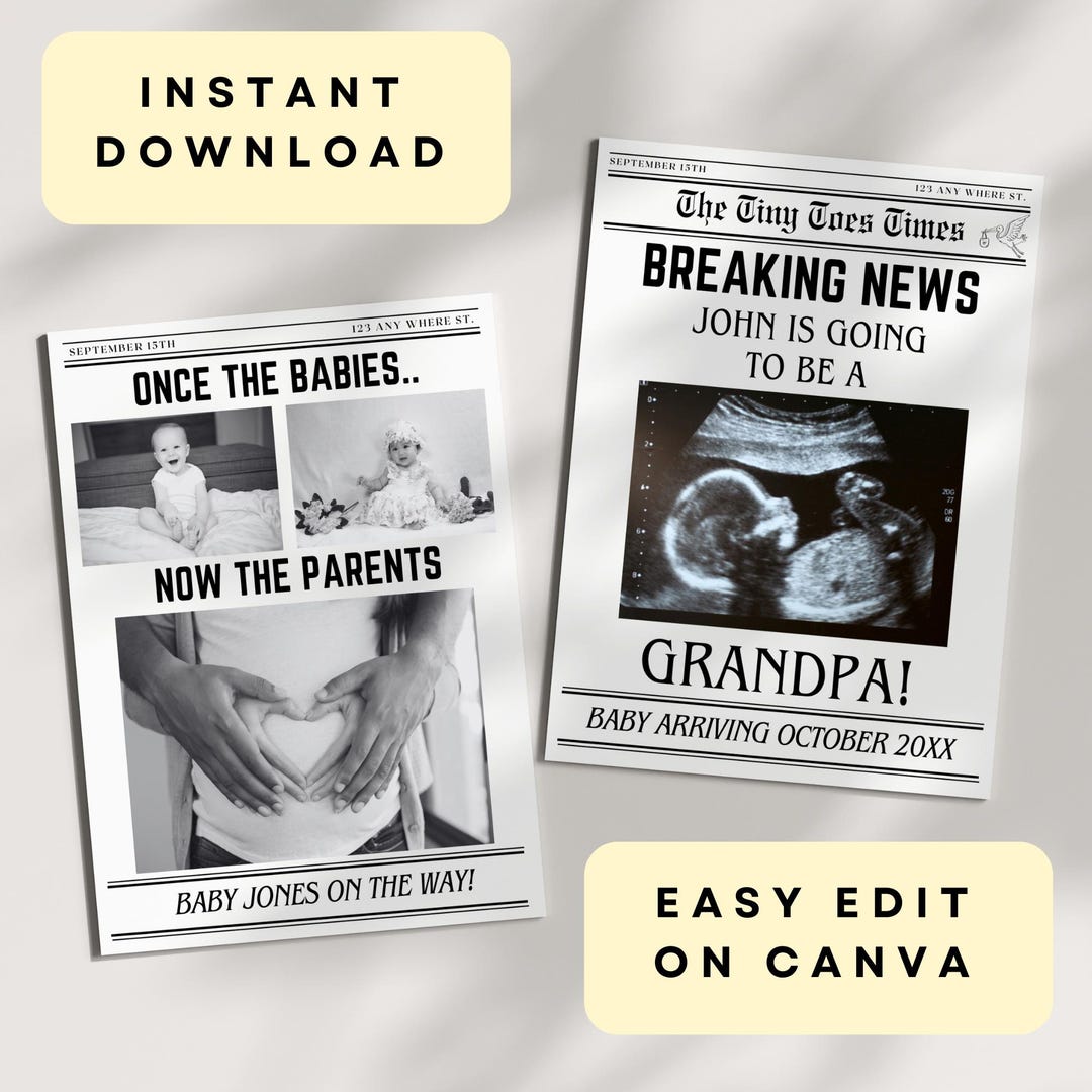 Grandparent Baby Announcement Newspaper, Digital Pregnancy Reveal, Baby ...
