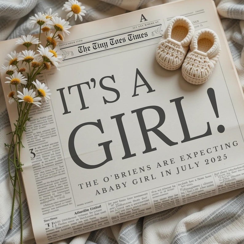 Digital It's A Girl Announcement Template, Boho Newspaper Gender Reveal ...