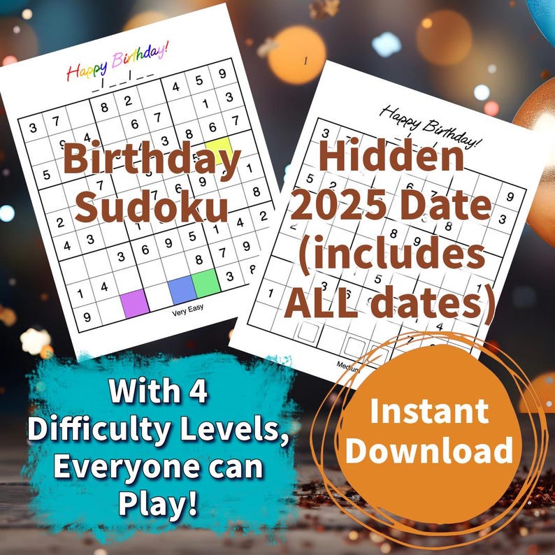 Birthday Sudoku Game or Card Printable - Easy, Medium, and Hard Levels ...