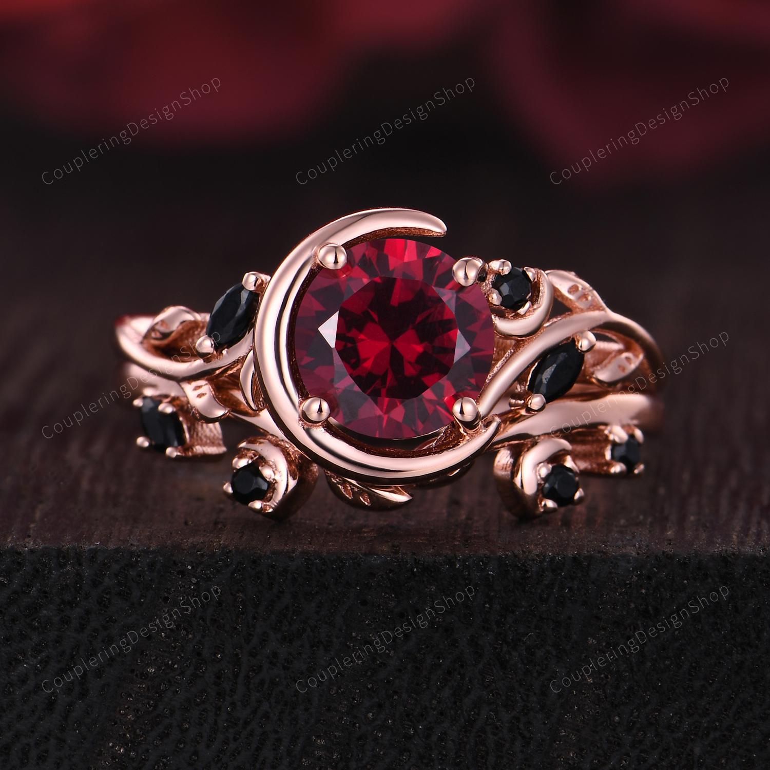 Crescent Ruby Couples Ring Set 8mm Mens Ruby Tungsten Ring Rose Gold ...