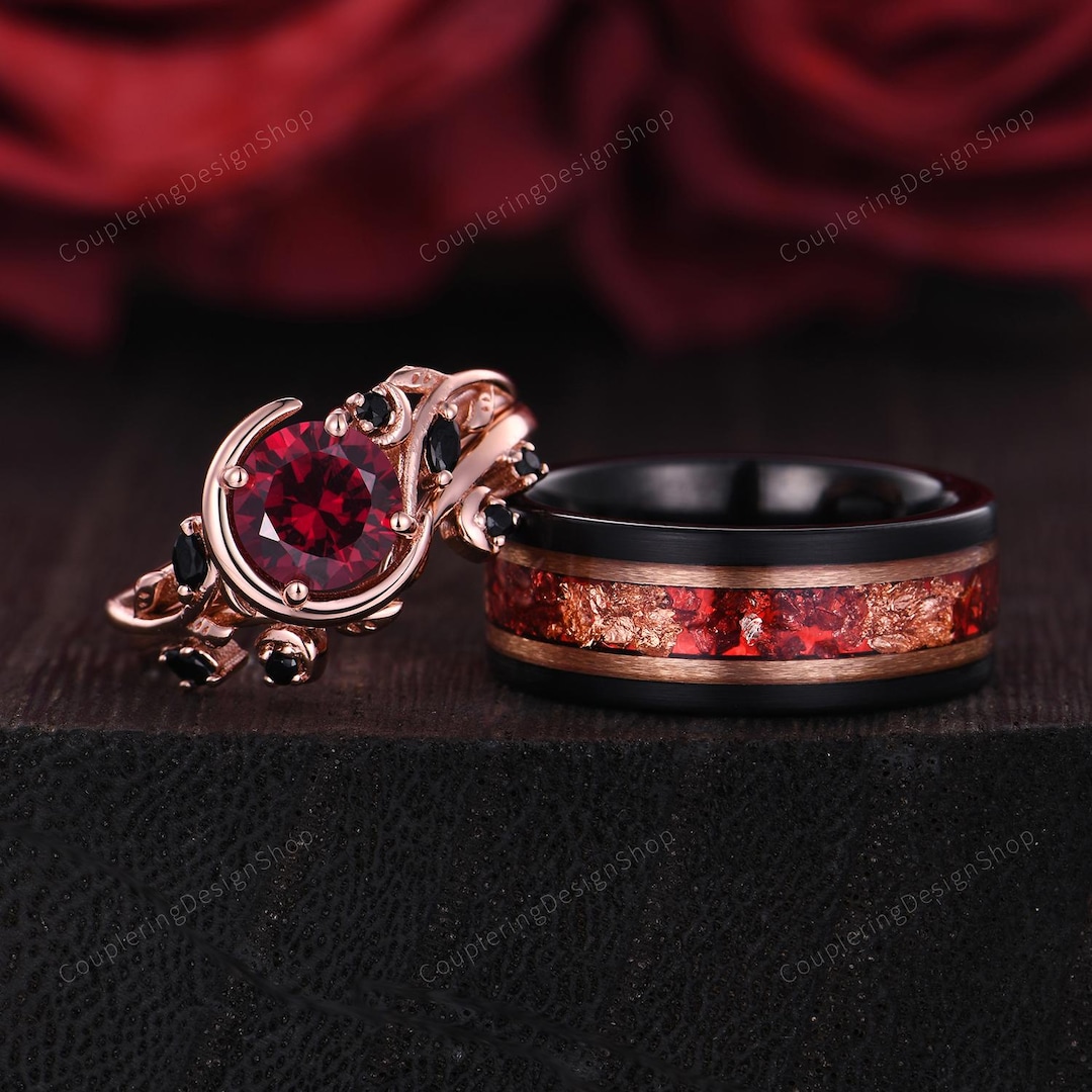 Crescent Ruby Couples Ring Set 8mm Mens Ruby Tungsten Ring Rose Gold ...