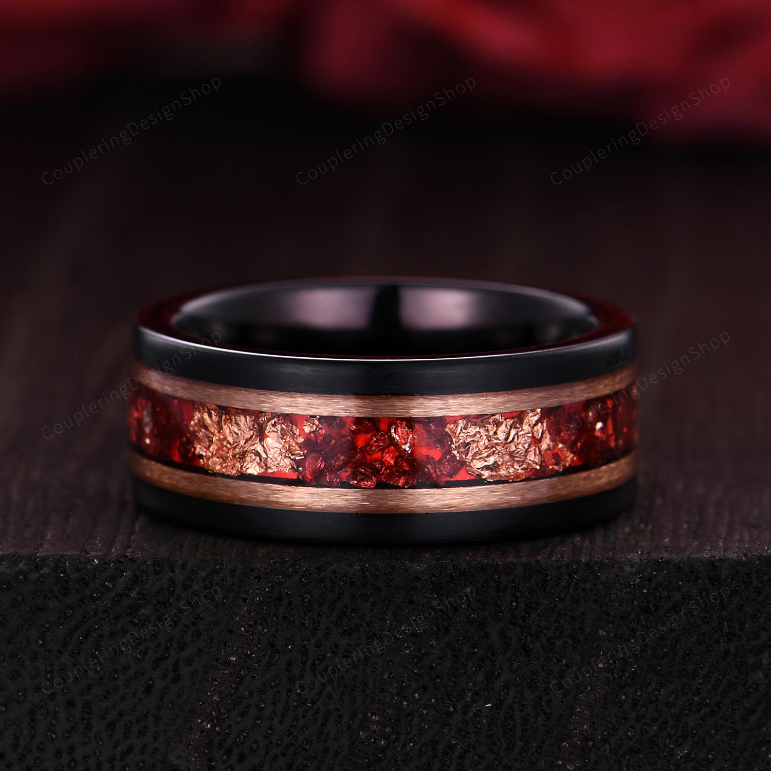 Crescent Ruby Couples Ring Set 8mm Mens Ruby Tungsten Ring Rose Gold ...