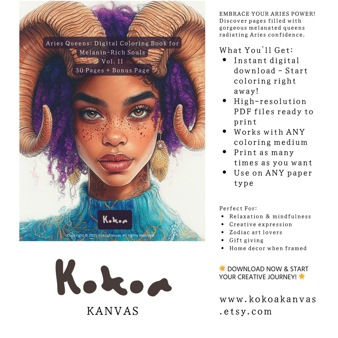 Black Aries Goddess Coloring Book Melanated Zodiac Art 30 High ...