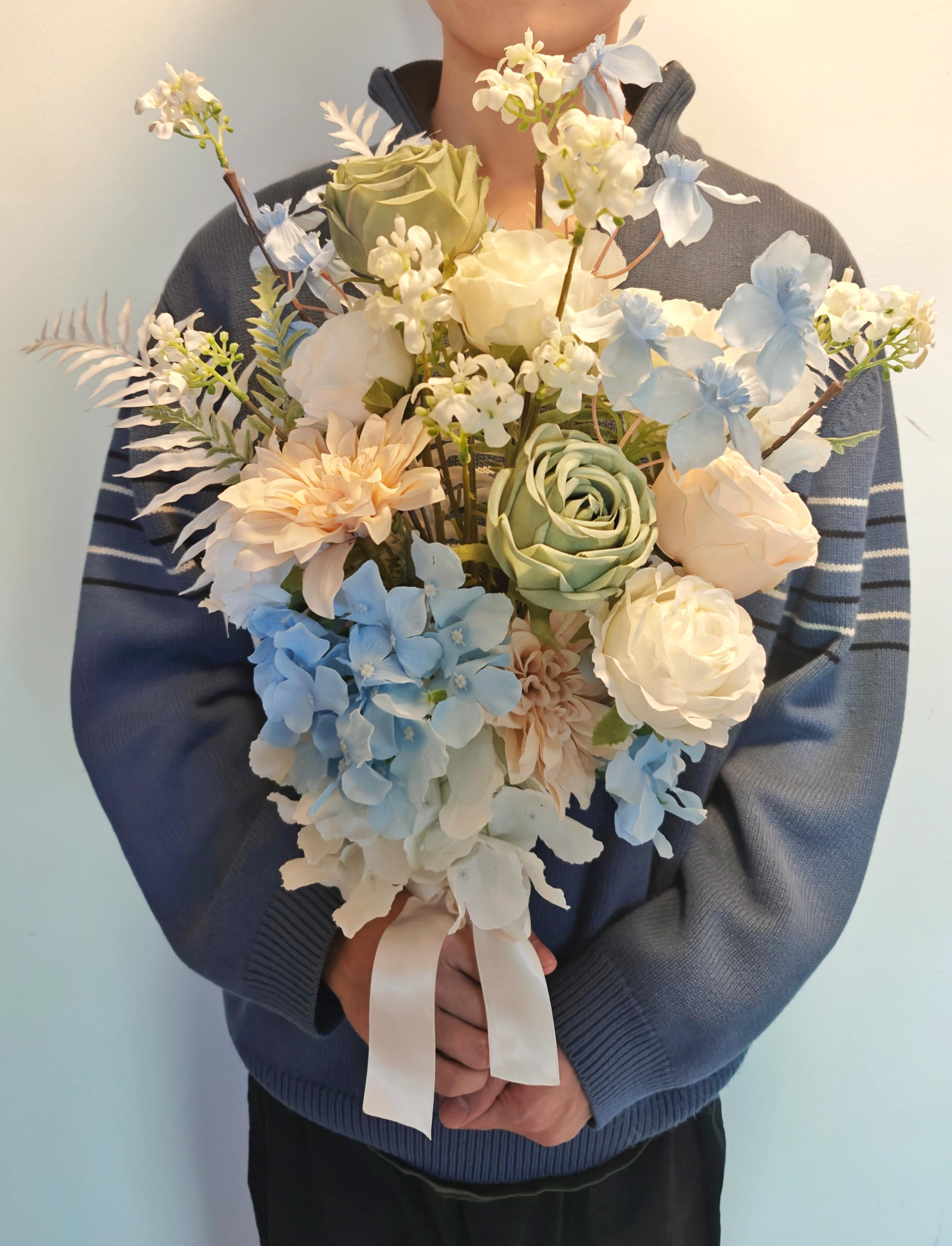 Sage Green Rose and Blue Hydrangea KIY Kit Enchanting Faux Bouquet for ...