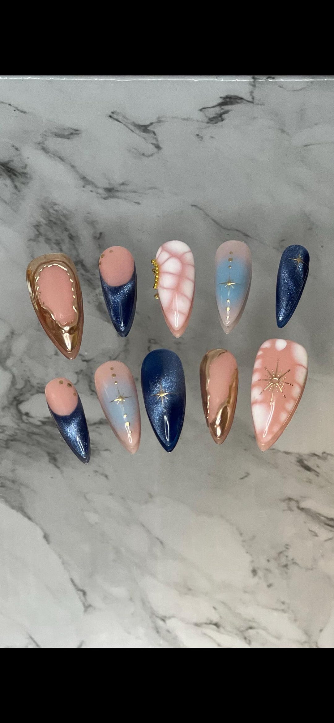 Midnight Star Press on Nails | Blue Cat Eye Gold and White Accents ...