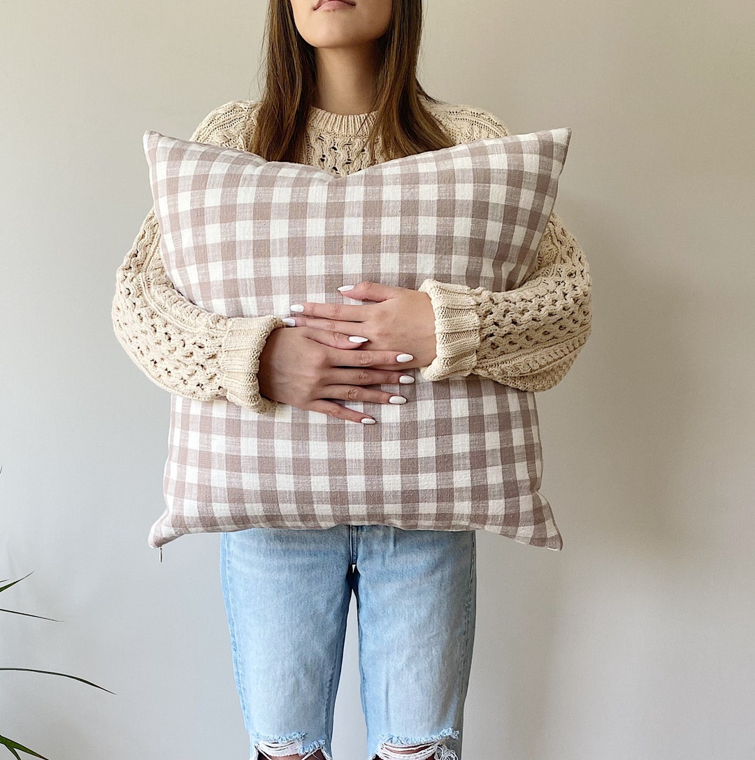 Neutral Plaid Pillow Cover, Gingham Check Pillow, Tan and White Pillow ...