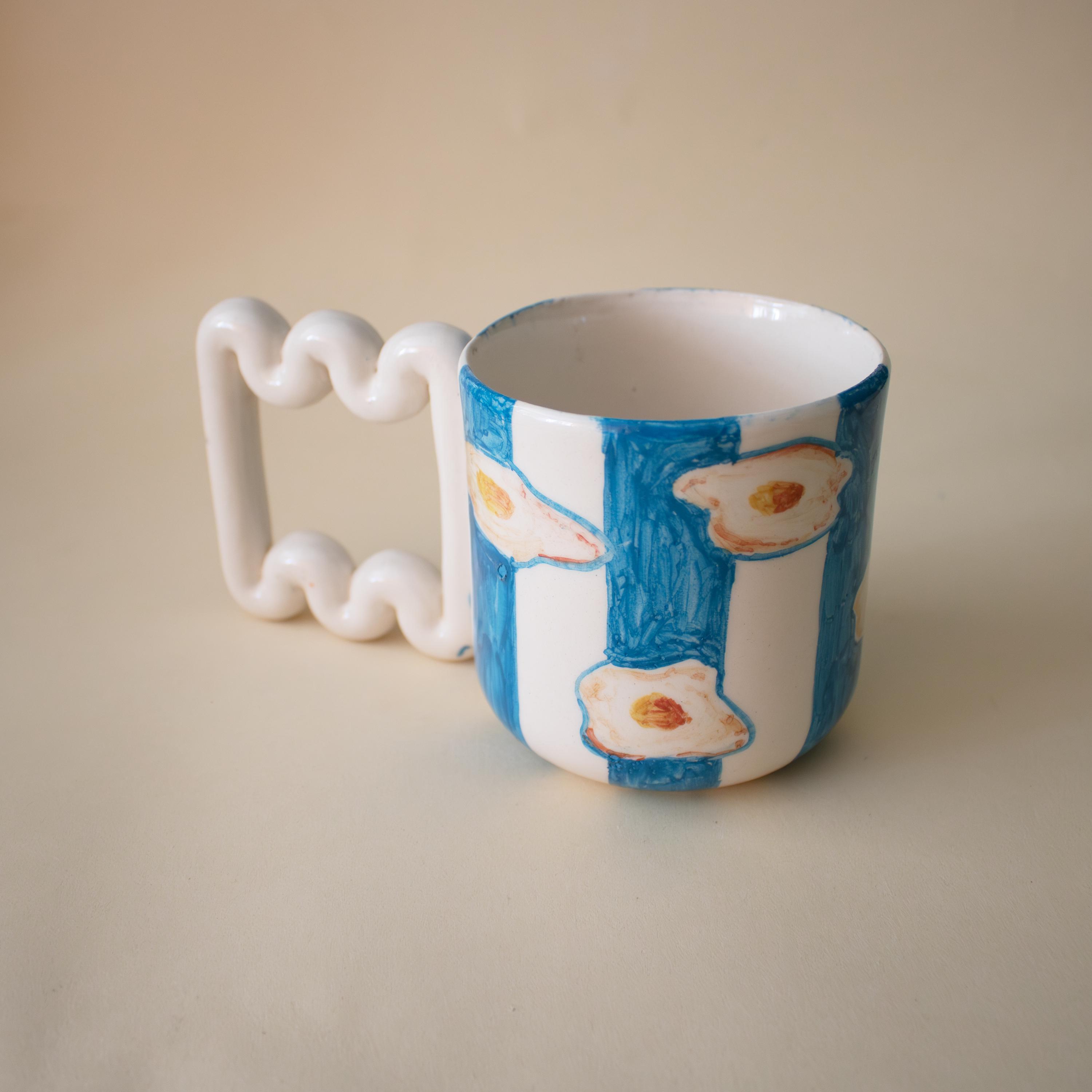 Hand Painted Porcelain Mug: Egg & Blue Stripes, Funky Handle - Etsy