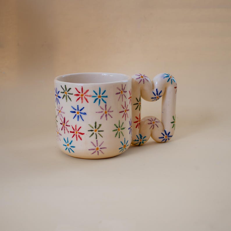 Floral Porcelain Mug With Funky Handle, Hand Painted Coffee Cup ...