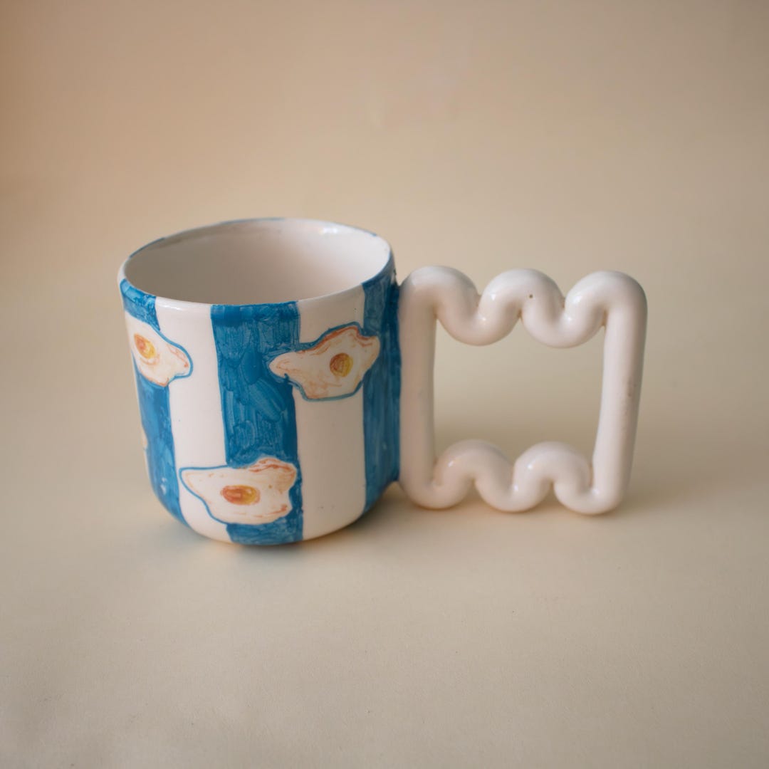 Hand Painted Porcelain Mug: Egg & Blue Stripes, Funky Handle - Etsy