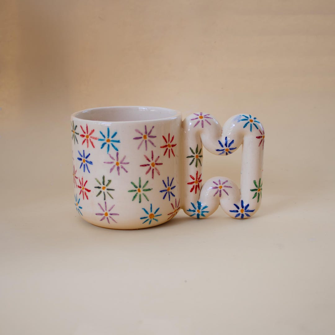 Blossom Ceramic Mug With Funky Handle, Handmade Gift for Coffee Lover ...