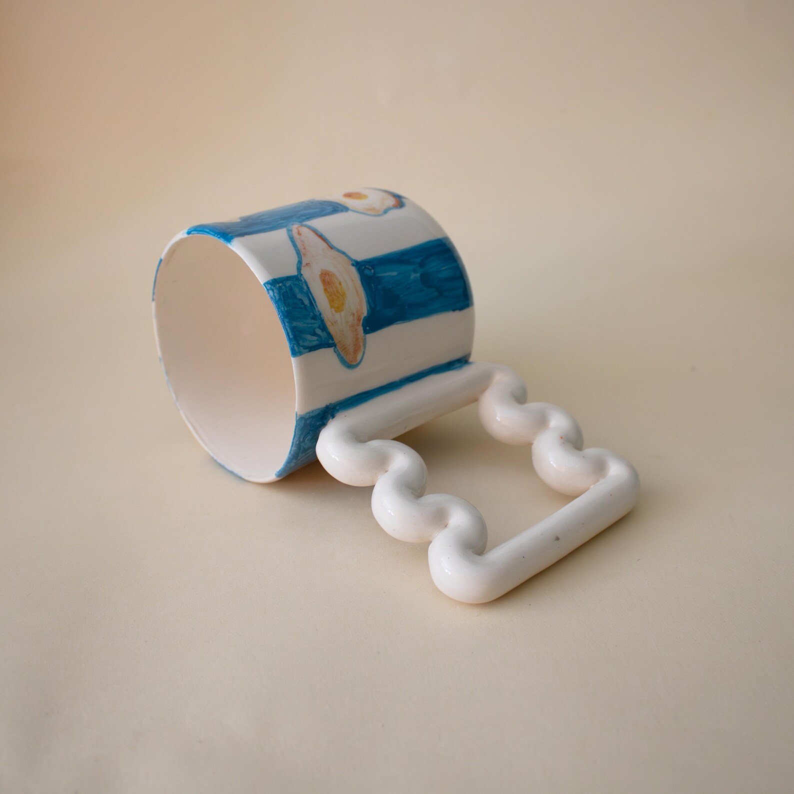 Hand Painted Porcelain Mug: Egg & Blue Stripes, Funky Handle - Etsy
