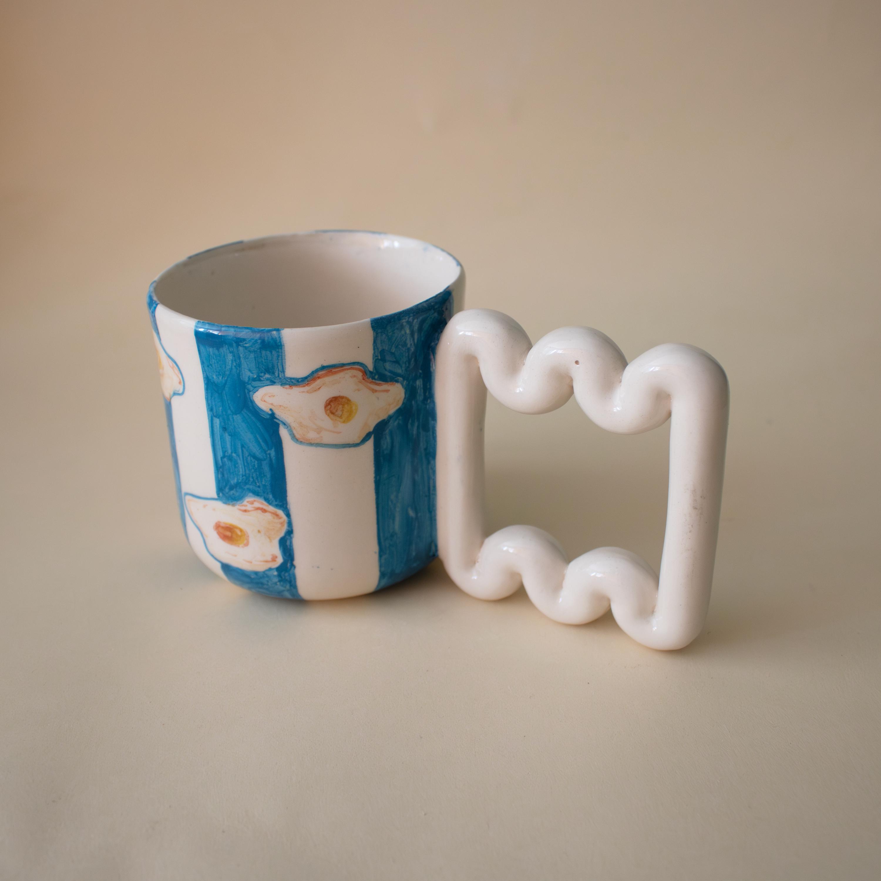 Hand Painted Porcelain Mug: Egg & Blue Stripes, Funky Handle - Etsy