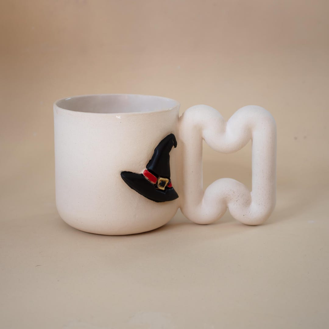 Spooky Witch Mug With Funky Handle: Handmade Porcelain Halloween Cup - Etsy