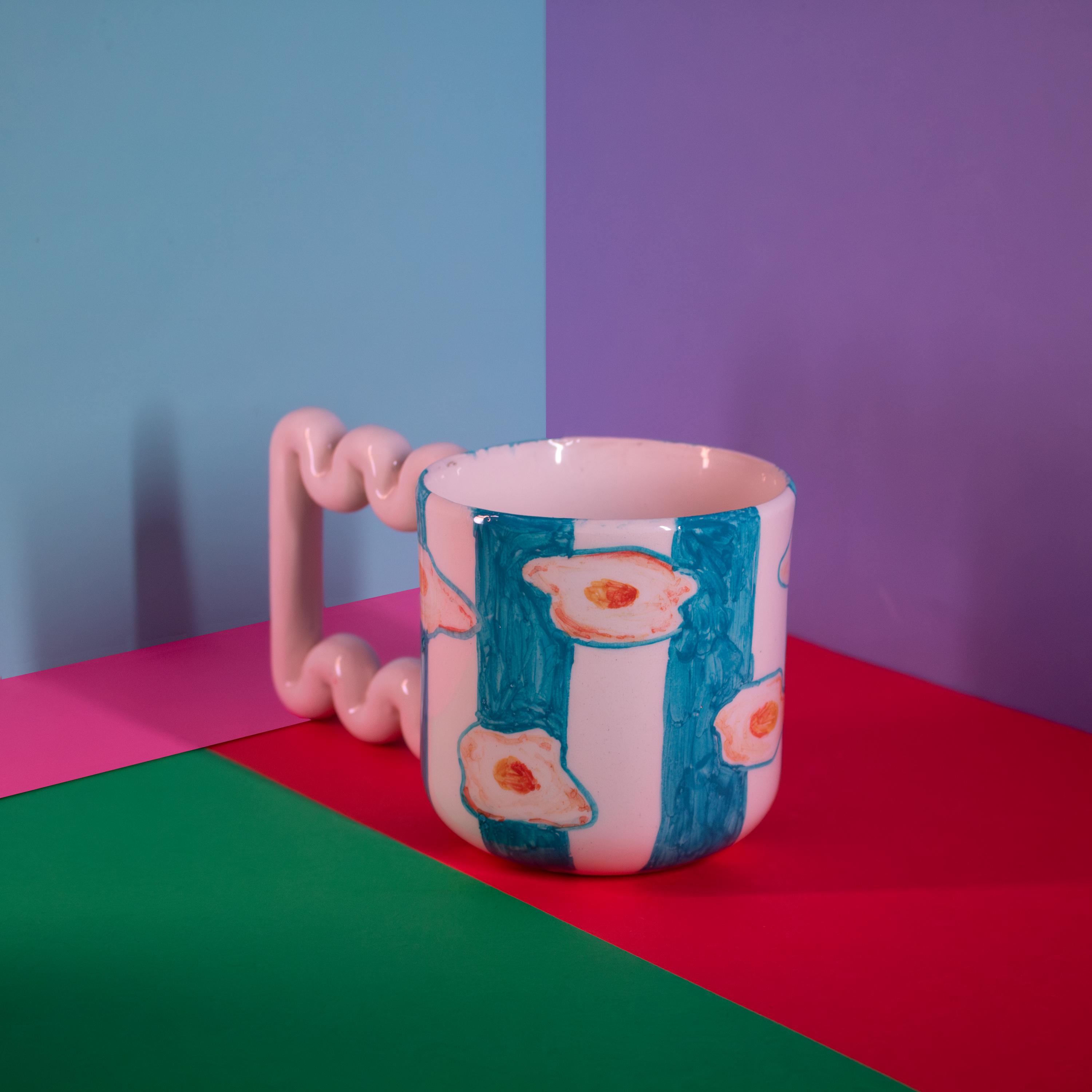 Hand Painted Porcelain Mug: Egg & Blue Stripes, Funky Handle - Etsy