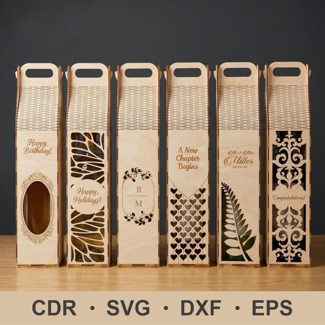 Wine Gift Box Bundle SVG Laser Cut File, Wooden Bottle Holder Cutting ...
