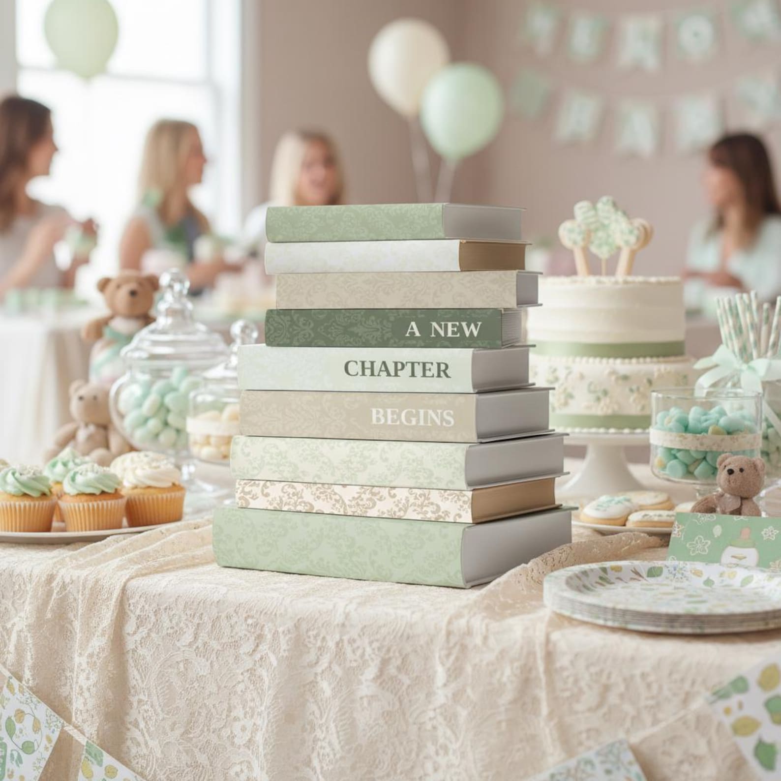 A New Chapter Begins Baby Shower Decorations, Sage Green and Beige ...