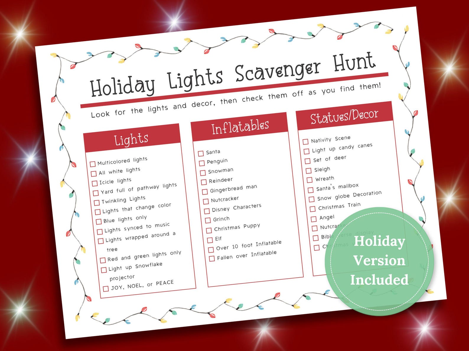 Christmas Lights Scavenger Hunt Printable, Outdoor Scavenger Hunt ...