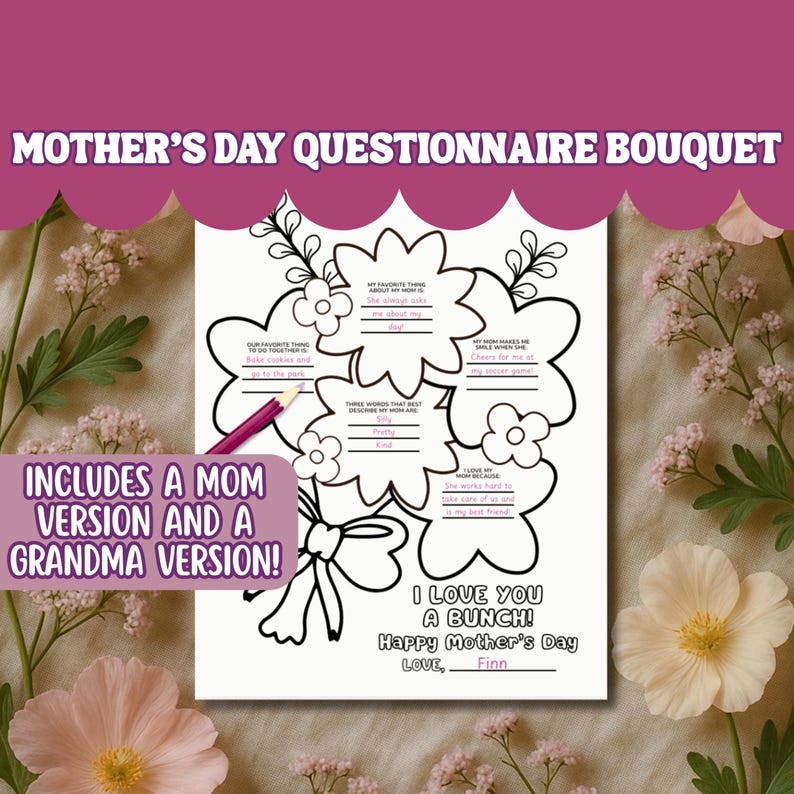 Mother's Day Questionnaire All About Mom Flower Craft Kids Gift for Mom ...