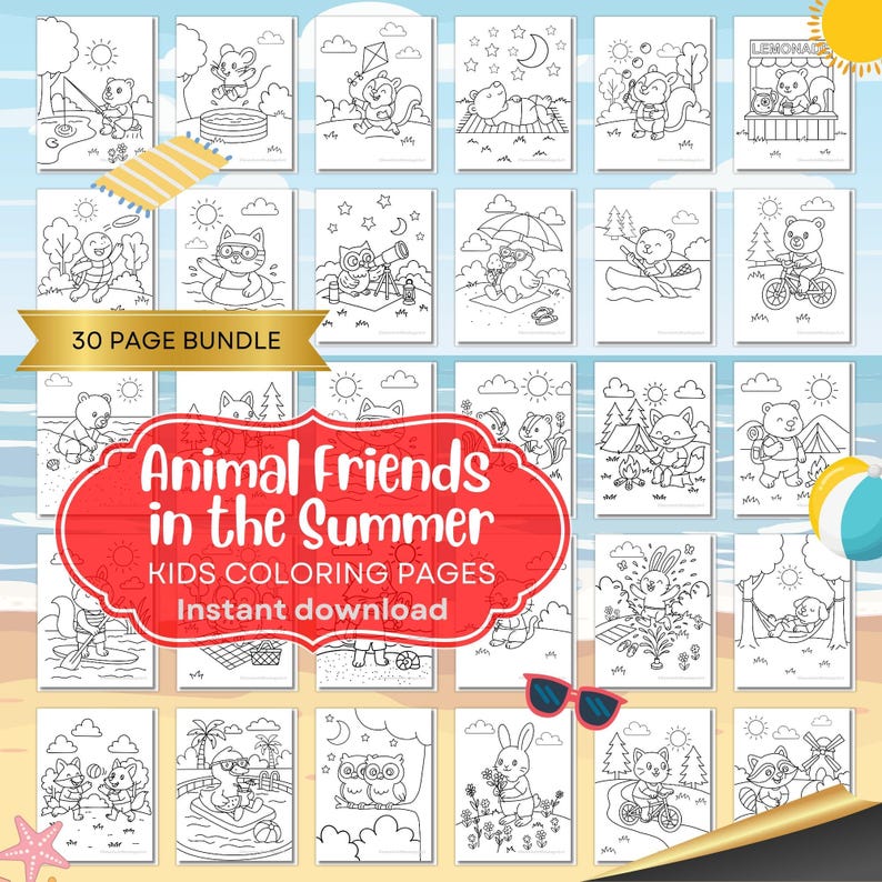 Animal Friends in the Summer Digital Coloring Book for Kids, Download ...