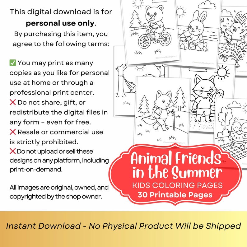 Animal Friends in the Summer Digital Coloring Book for Kids, Download ...