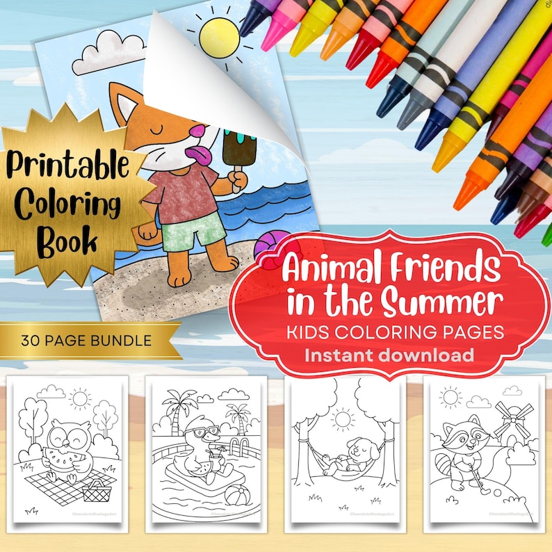 Animal Friends in the Summer Digital Coloring Book for Kids, Download ...