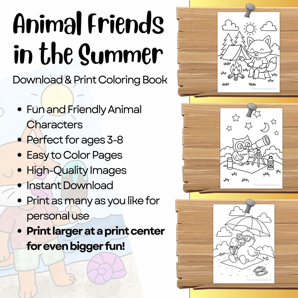 Animal Friends in the Summer Digital Coloring Book for Kids, Download ...