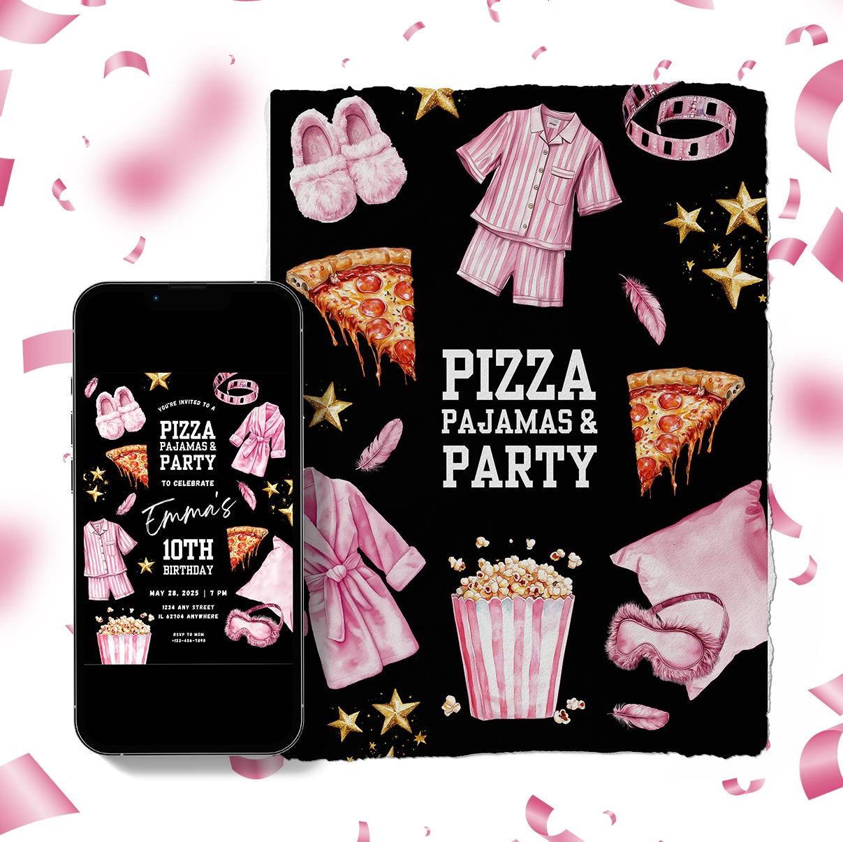 Pajama Sleepover Party Pyjama Birthday Invitation Movie Night, Pizza ...
