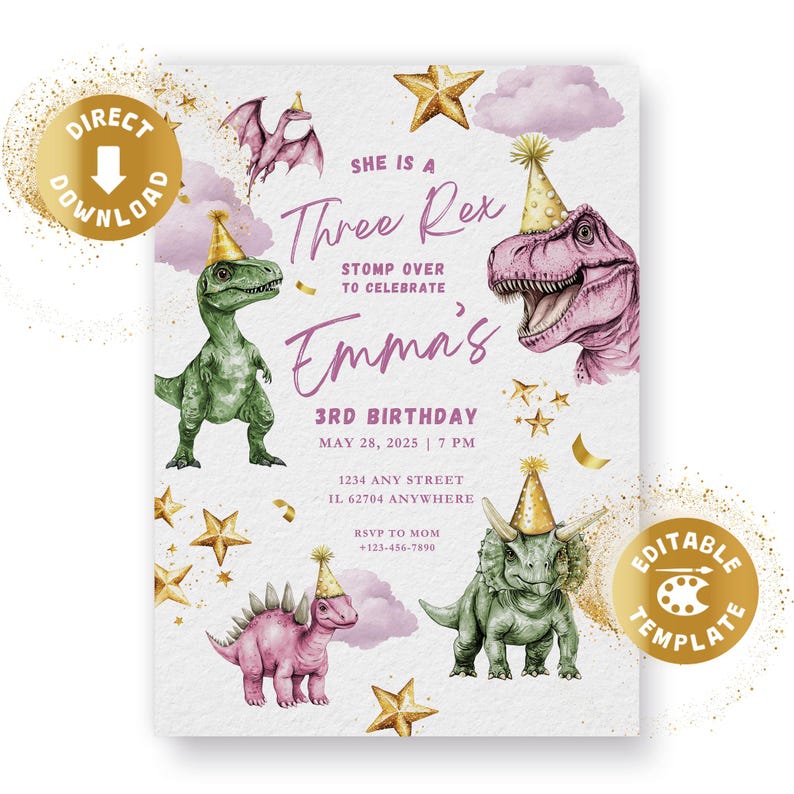 Three Rex Pink Dinosaur T-rex 3rd Birthday Invitation, Party, Girls ...