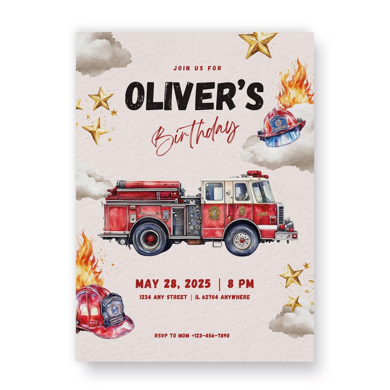 Firefighter Birthday Invitation, Digital, Fire Truck, Car, Fireman ...