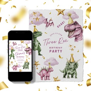 Three Rex Pink Dinosaur T-rex 3rd Birthday Invitation, Party, Girls ...