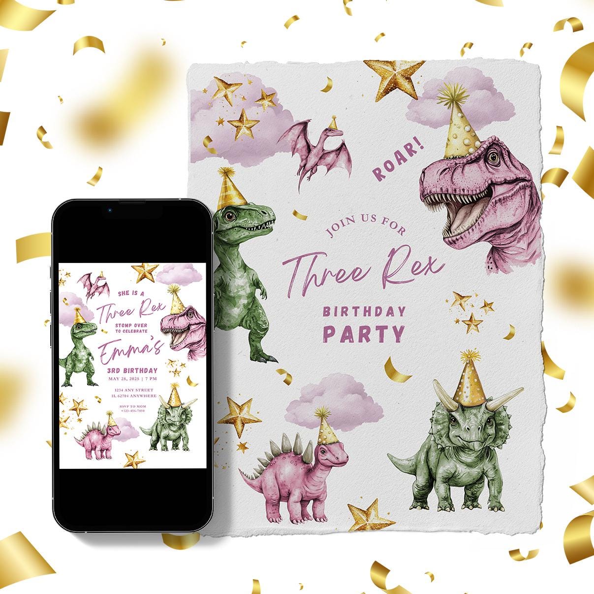 Three Rex Pink Dinosaur T-rex 3rd Birthday Invitation, Party, Girls ...