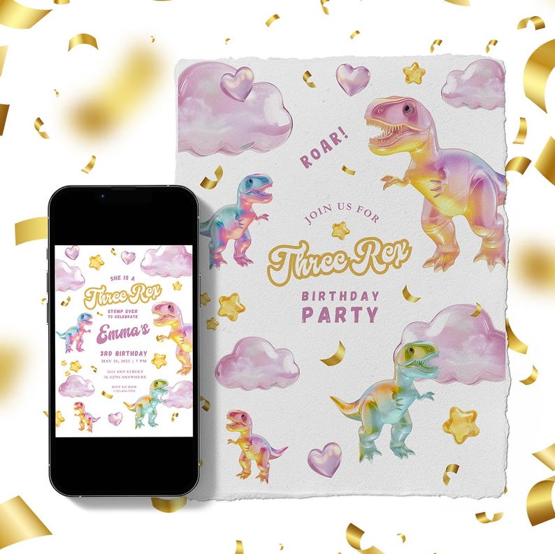 Three Rex Pink Candy Dinosaur T-rex 3rd Birthday Invitation Party ...