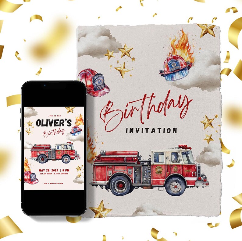 Firefighter Birthday Invitation, Digital, Fire Truck, Car, Fireman ...