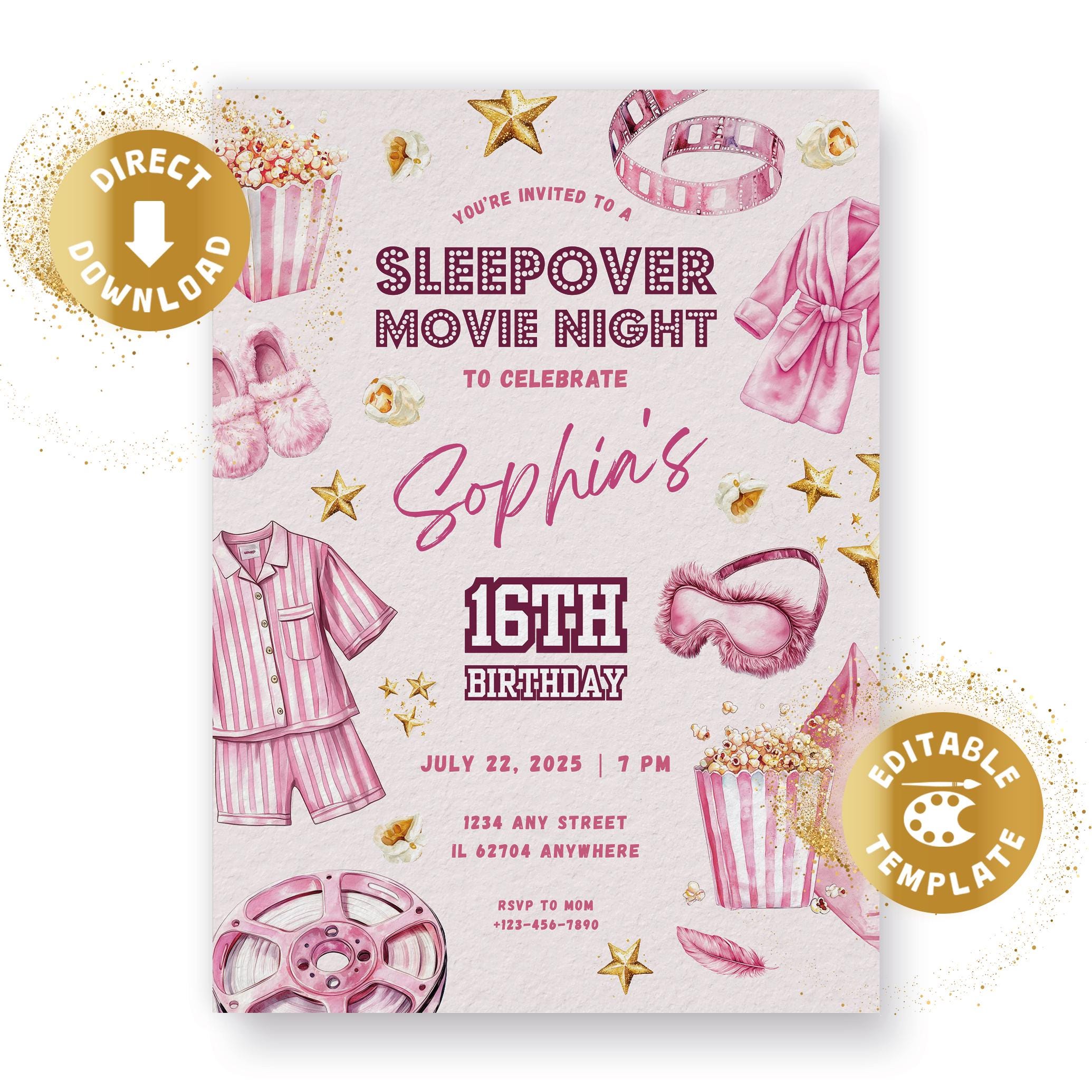 Movie Night Sleepover Birthday Invitation, Pajama Party, Pink, Pastel ...