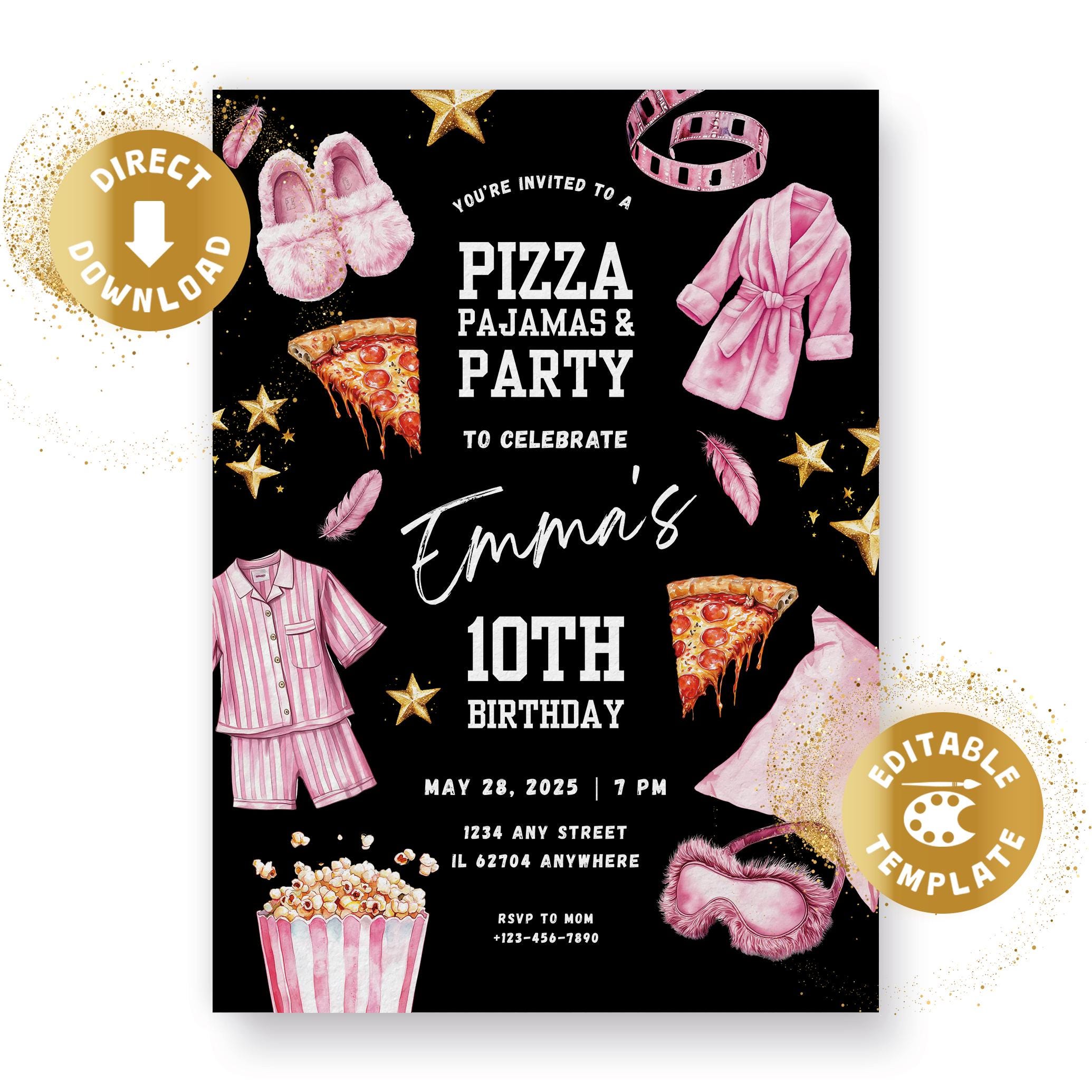 Pajama Sleepover Party Pyjama Birthday Invitation Movie Night, Pizza ...