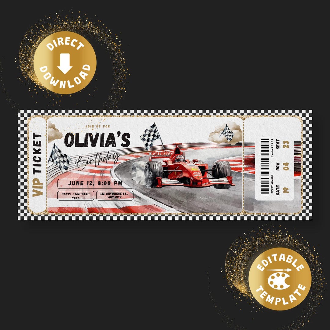Racing Car Ticket Birthday Invitation, Digital, F1, Car, Race, Sports ...