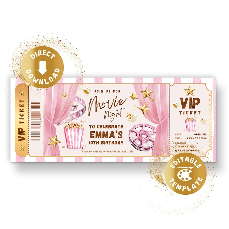 Movie Night Birthday Invitation Ticket, Cinema, Gold, Pink, Movie ...