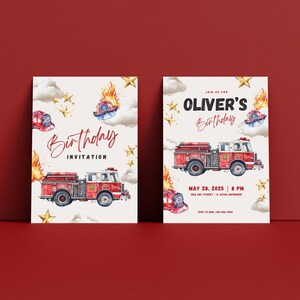 Firefighter Birthday Invitation, Digital, Fire Truck, Car, Fireman ...