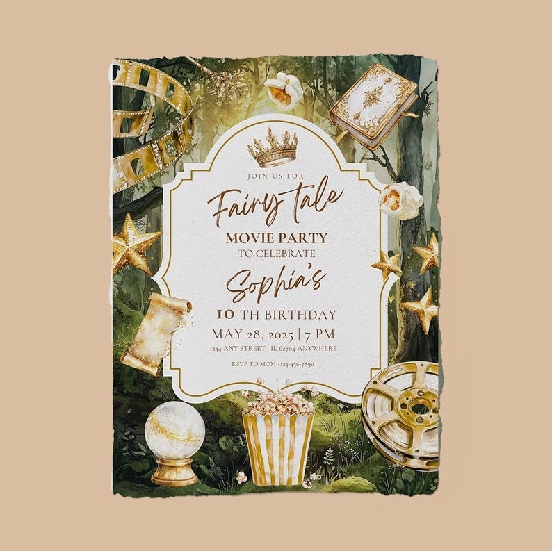 Fairy Tale Movie Night Birthday Invitation, Digital, Cinema, Gold ...