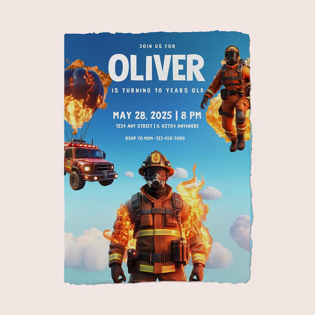 Firefighter Gaming Birthday Invitation, Battle Royal, Firefighter ...