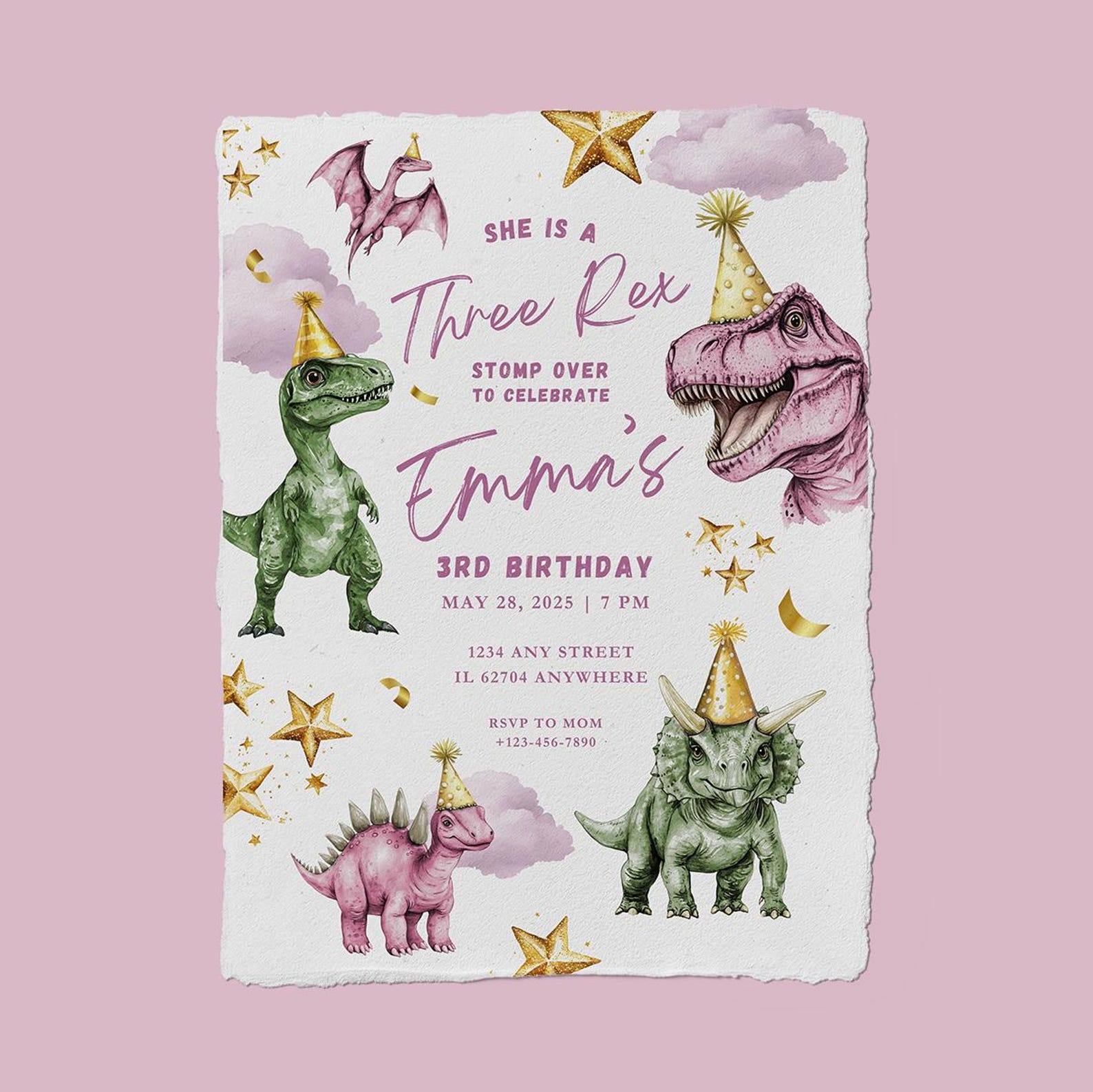 Three Rex Pink Dinosaur T-rex 3rd Birthday Invitation, Party, Girls ...